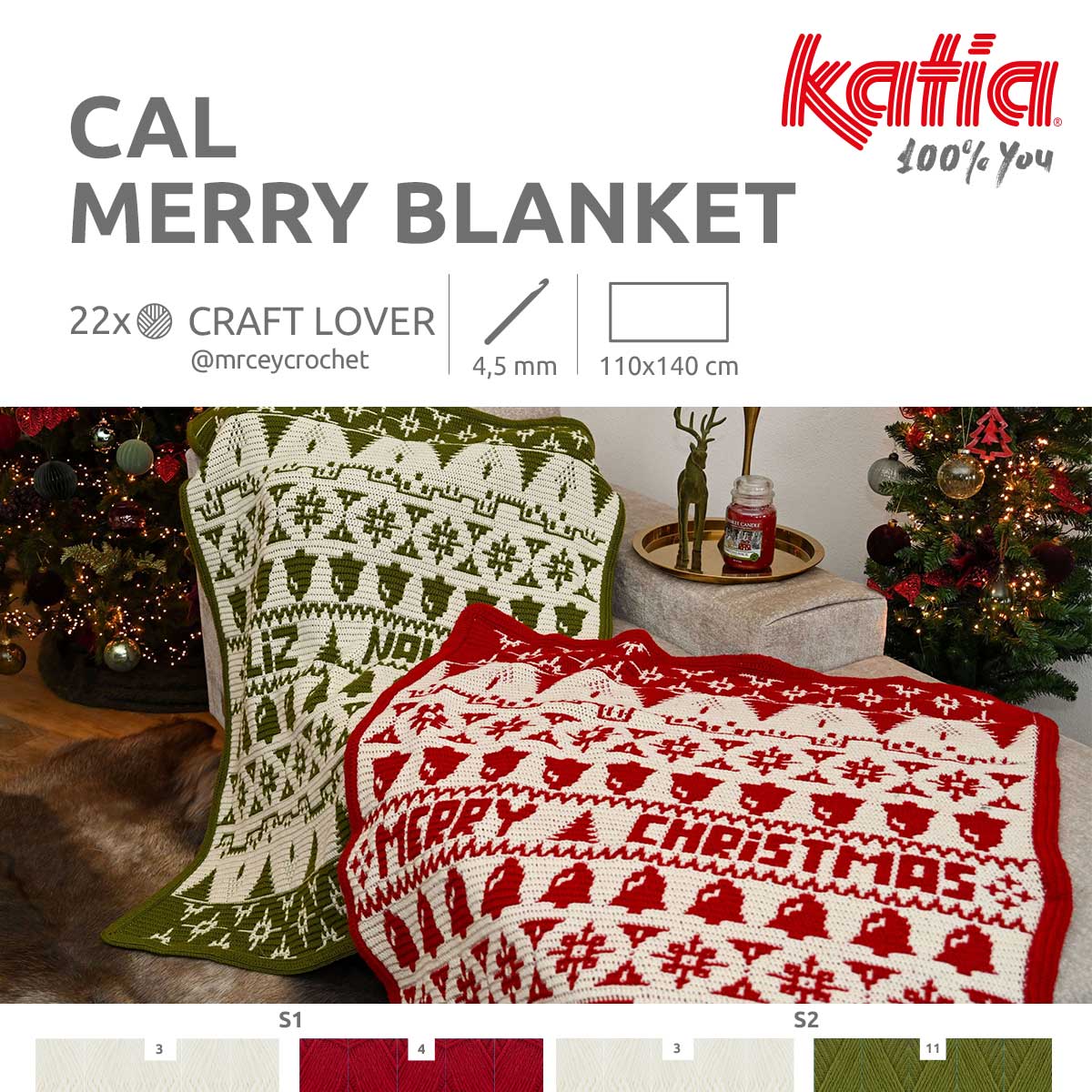 Katia kerst CAL 2024 - gehaakte mozaïek deken met kerstgroet