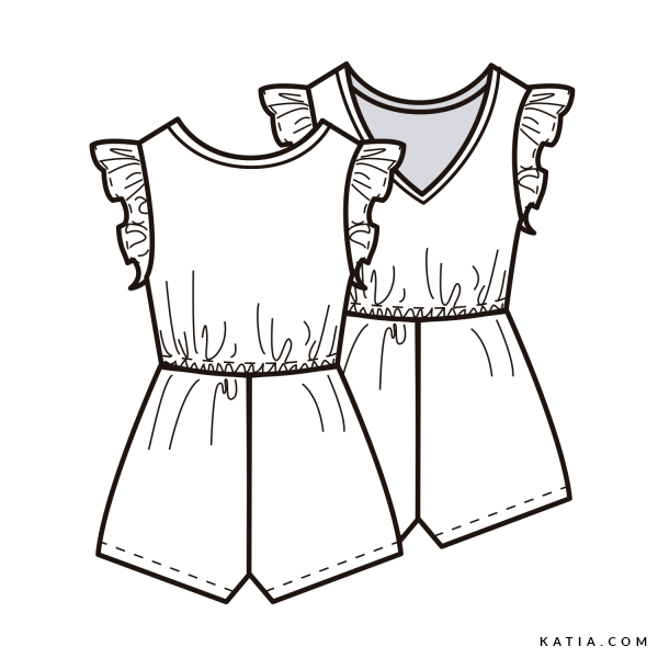 Ruffled-sleeve short romper PDF sewing pattern | Katia.com