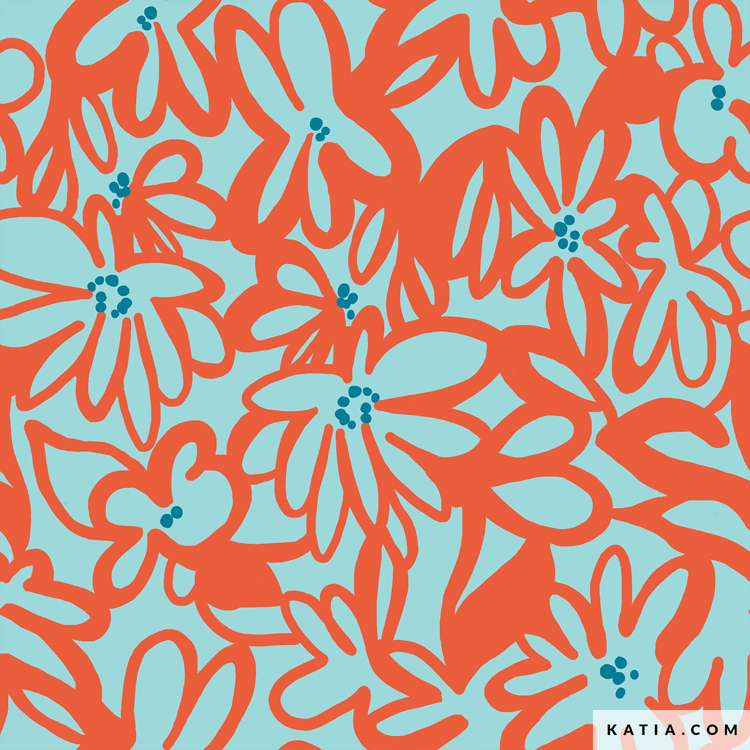 Tissu en Popeline à Motif Tiare Turquoise - Printemps / Été | Katia.com