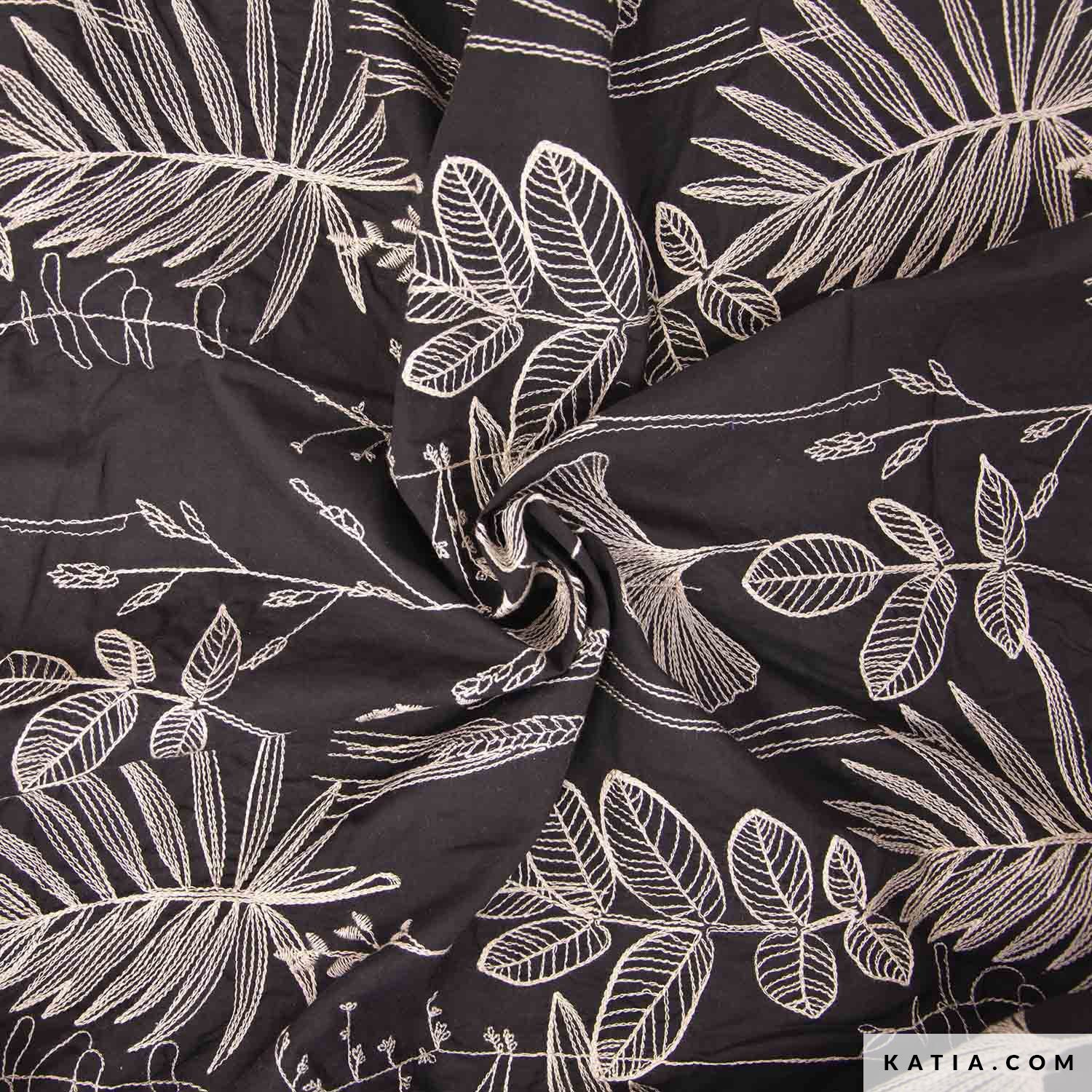 Black cotton voile fabric with beige embroidery - Spring / Summer ...