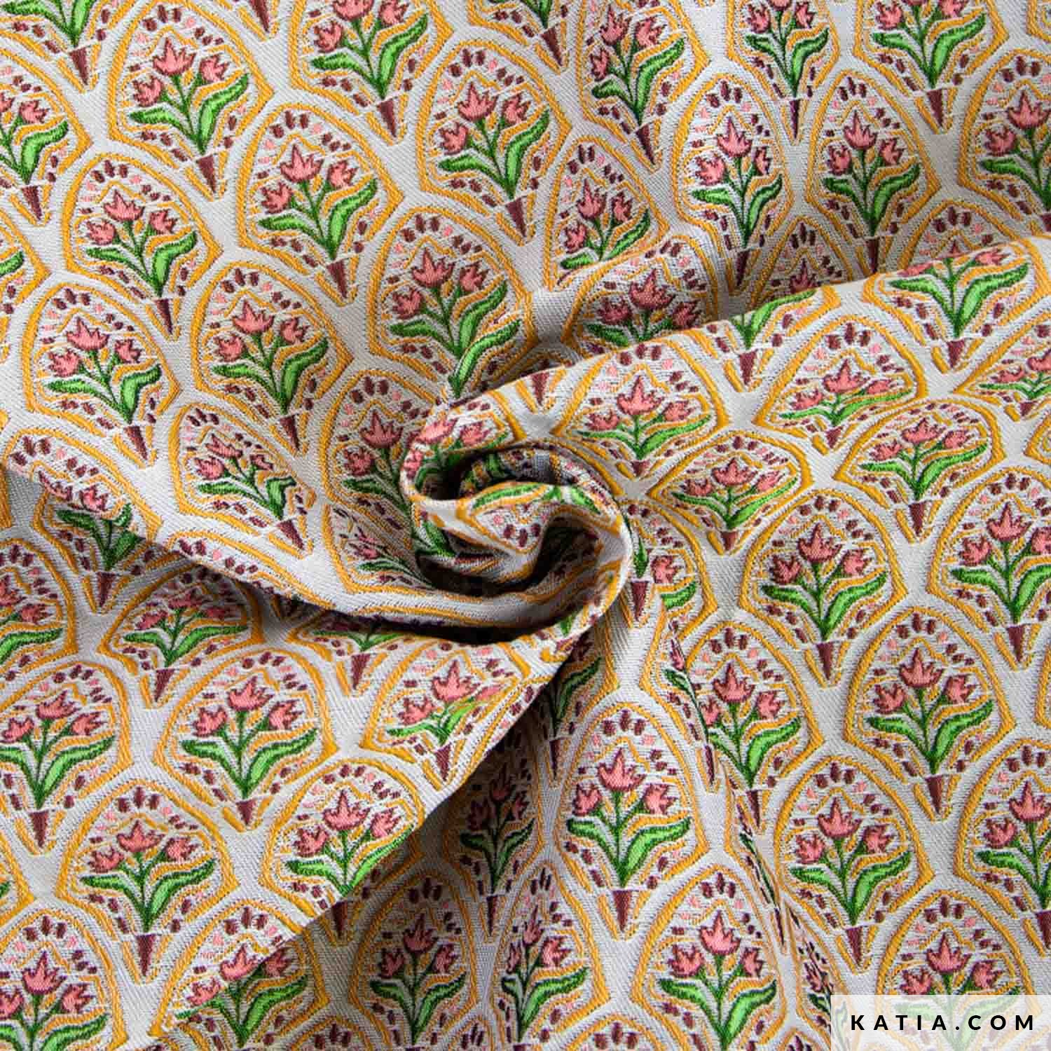 Floral motif brocade jacquard fabric with gold details - Spring ...
